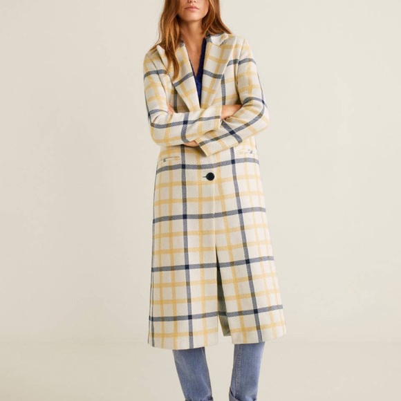 Mango | Jackets & Coats | Mango White Yellow Blue Plaid Long Cotton ...